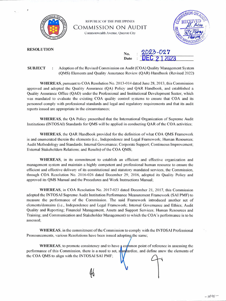 COA RESOLUTION NO. 2023 - 027 - 0001 - Adoption of QMS & QAR | PDF | Audit | Governance