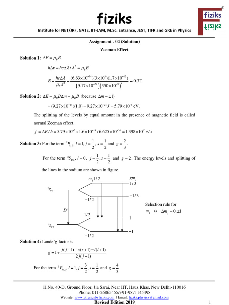 Assignment-4 - Solution - Zeeman Effect | PDF | Polarization (Waves) | Energy Level