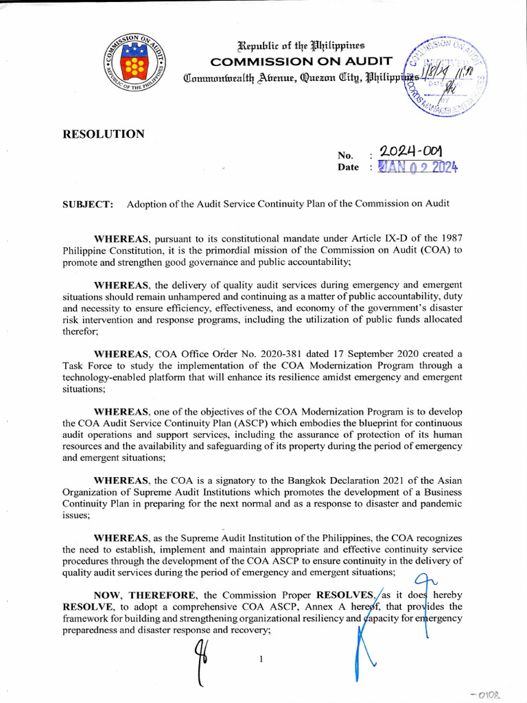 COA RESOLUTION NO. 2024 - 001 - 0001 - Adoption of COA Audit Service Continuity Plan | PDF ...