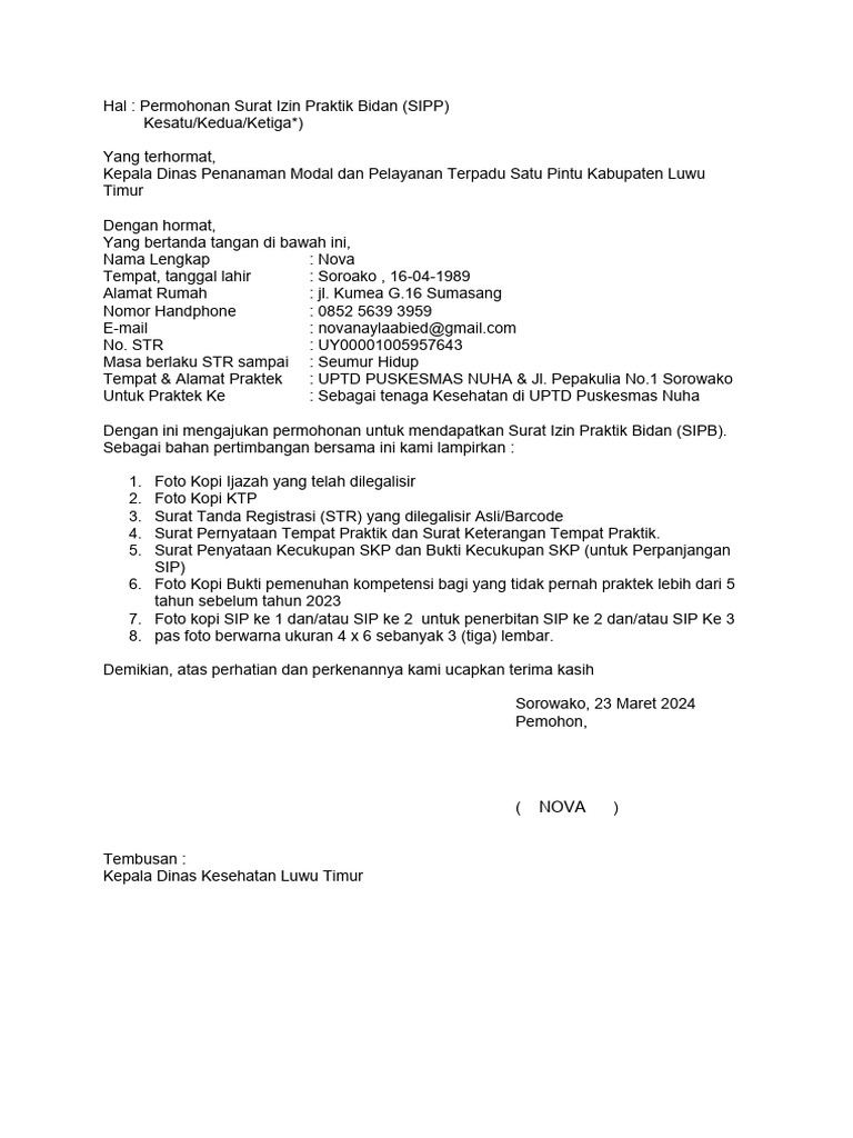 PERMOHONAN SIP PERAWAT 2024 NOva | PDF
