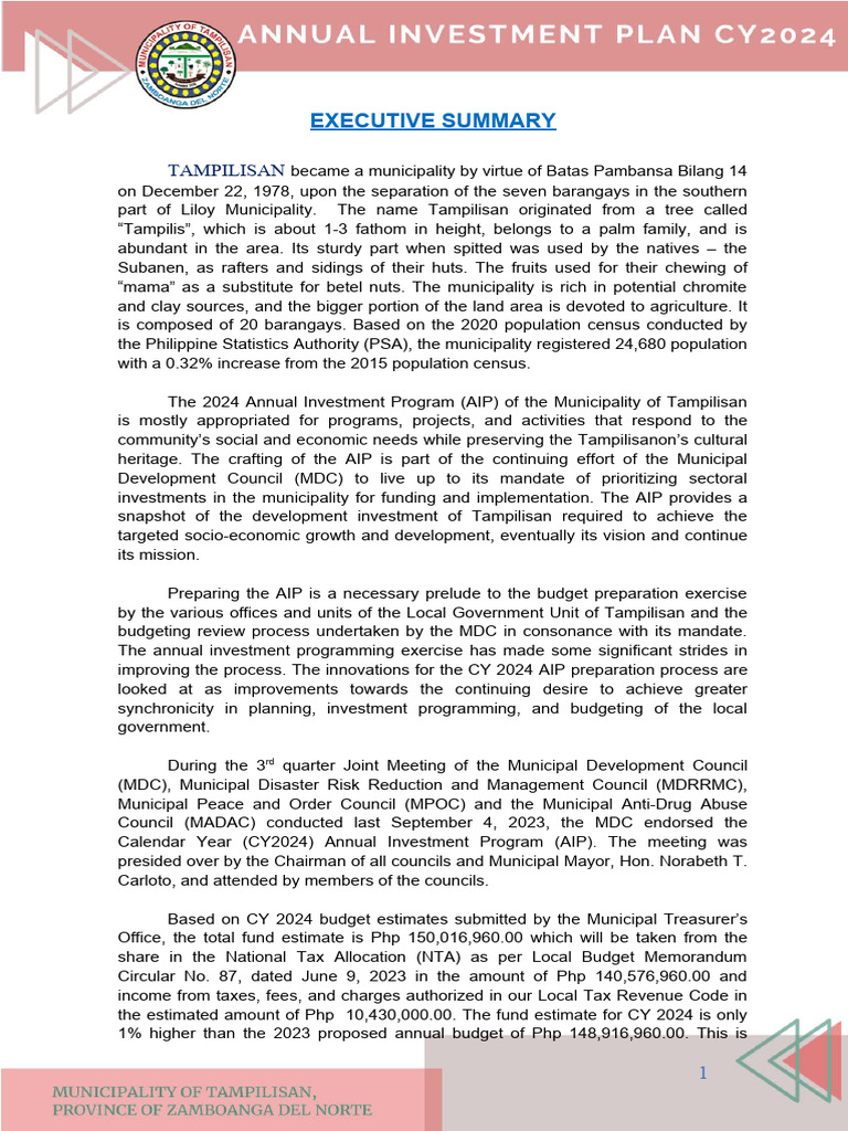 Tampilisan Municipality 2024 Investment Plan | PDF | Farms | Leasehold ...