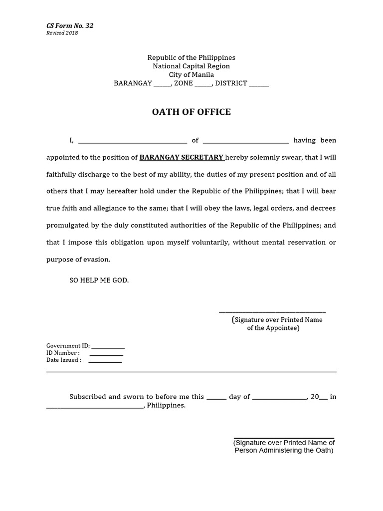 Barangay Secretary Oath of Office Form | PDF