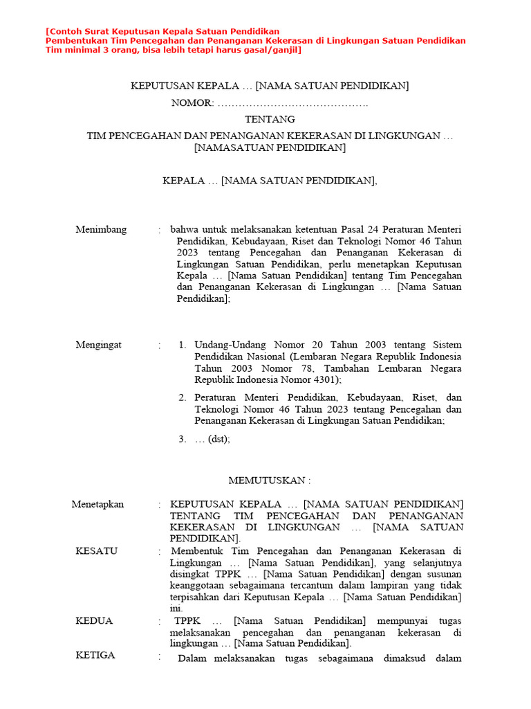 SK Pembentukan Tim Pencegahan Kekerasan | PDF