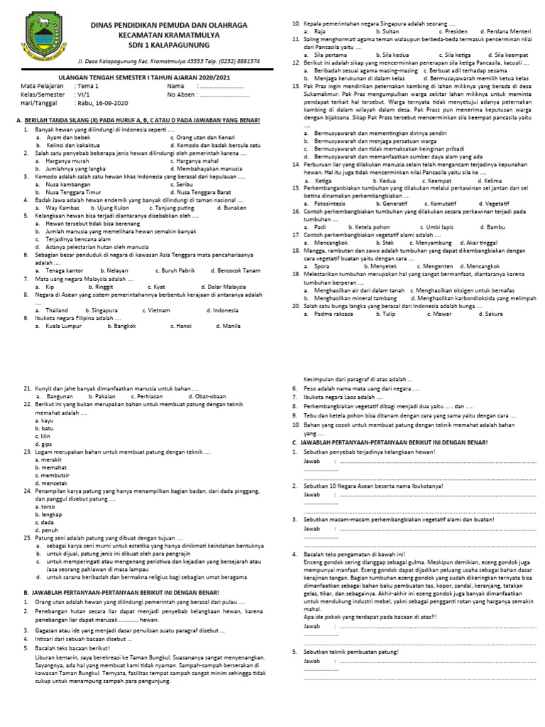 Soal Tematik Kelas 6 SD Tema 1 Subtema 3 Selamatkan Hewan Dan Tumbuhan Dilengkapi Kunci Jawaban ...