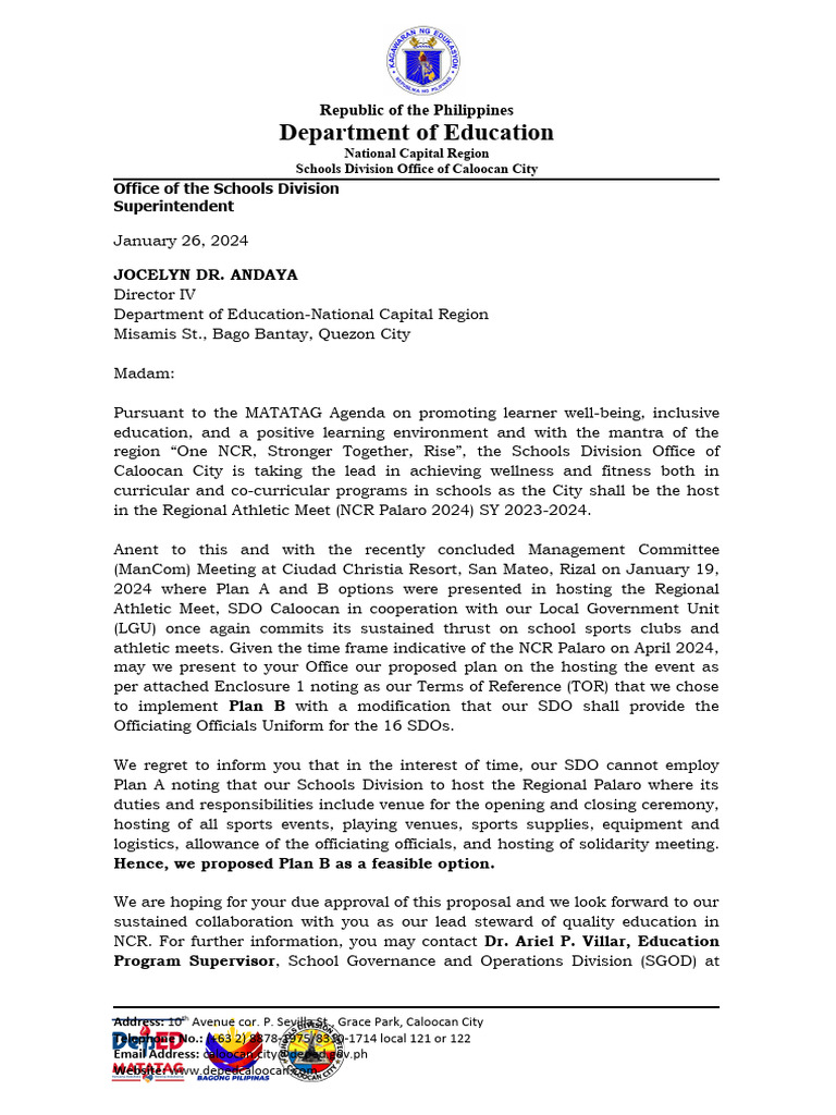 20240125_Letter_RD_Andaya_Hosting_NCR_Palaro_recovered | PDF | Sports ...
