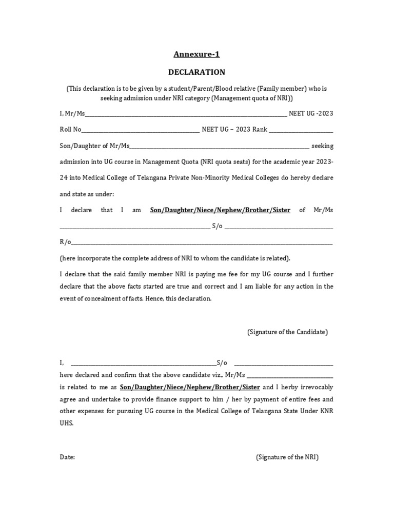 NRI Declaration for Medical College Admission | PDF | Business | Finance & Money Management