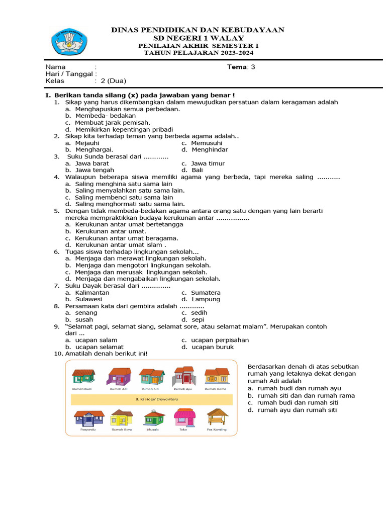 Soal PAS Kelas 2 Sem 1 Tema 3 - Reupload Kamimadrasah | PDF