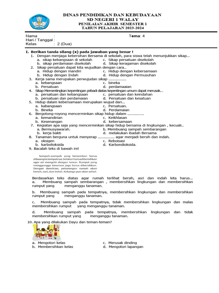 Soal PAS Kelas 2 Sem 1 Tema 4 - Reupload Kamimadrasah | PDF