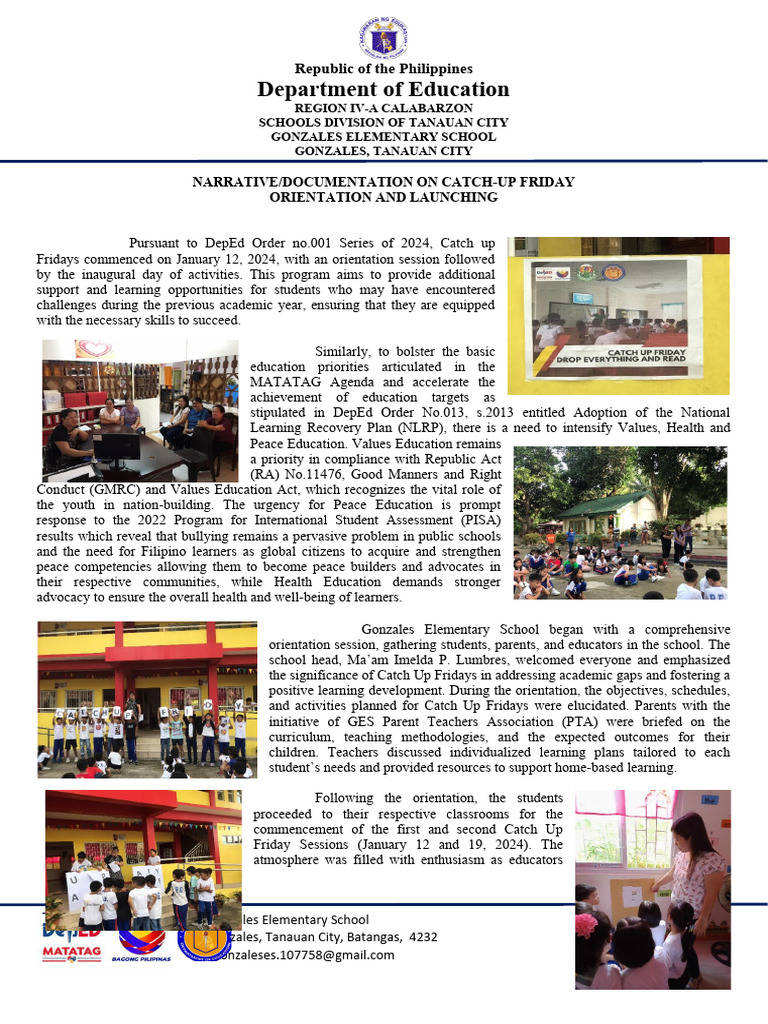 Ges - Narrative Report Catch Up Fridays | PDF | Teachers | Cognition