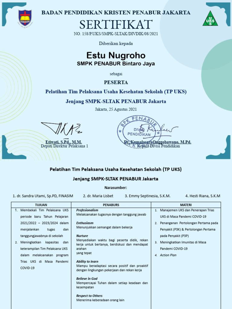 Estu Nugroho - Sertifikat Pelatihan TP UKS SMPK-SLTAK | PDF