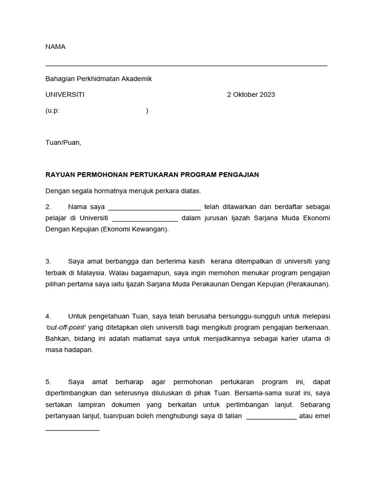 Contoh Surat Tukar Program | PDF
