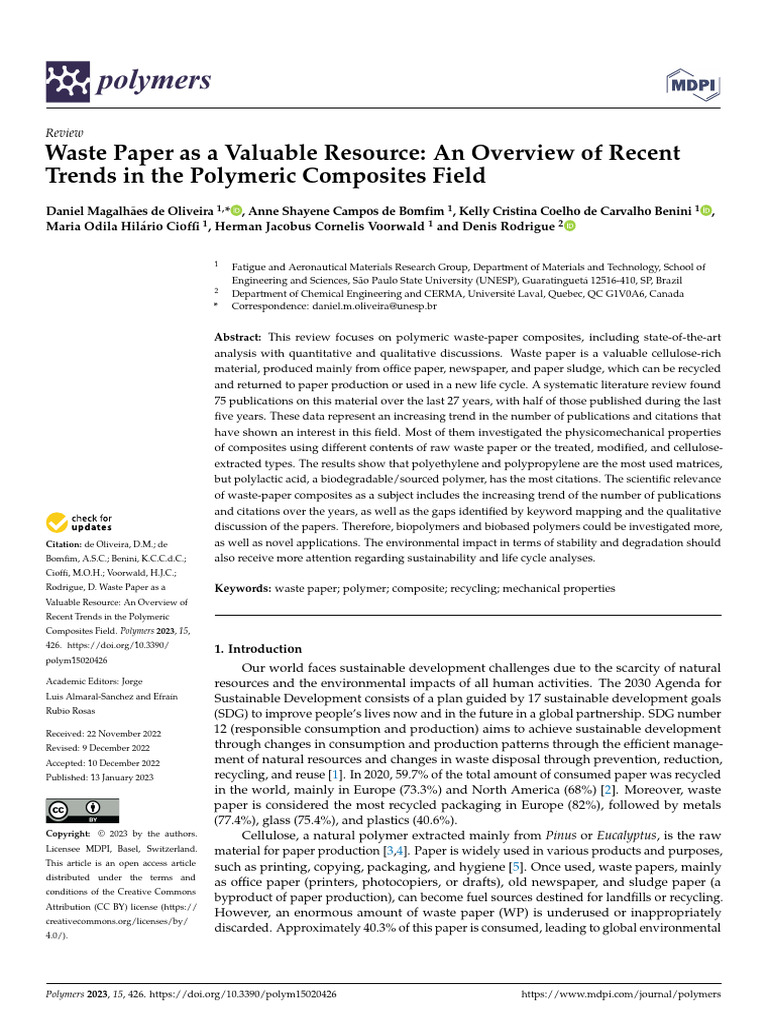 Polymers 15 00426 | PDF | Pulp (Paper) | Paper