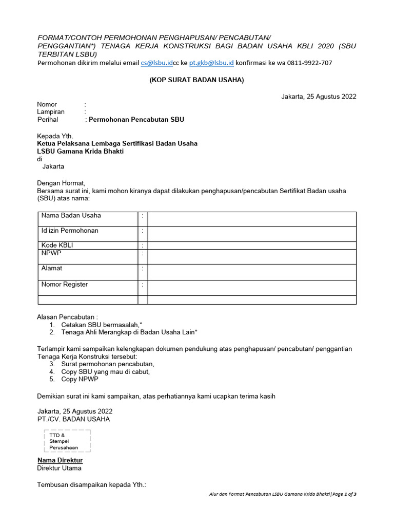 Format Permohonan Pencabutan SBU | PDF