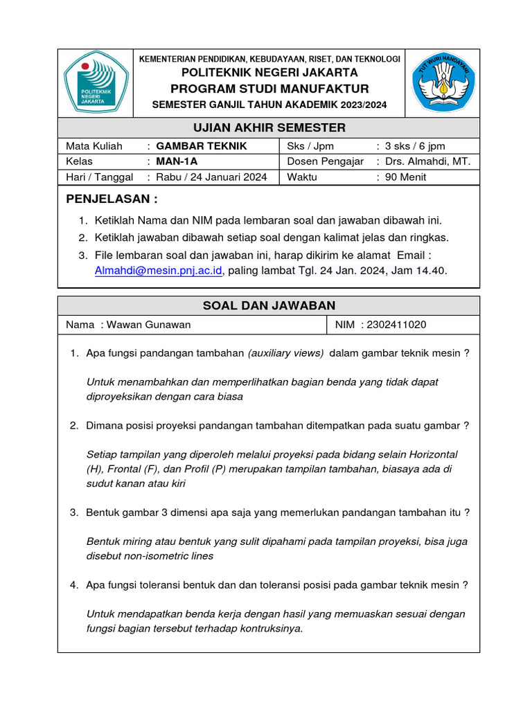 UAS - Gambar Teknik - Wawan Gunawan - Manufaktur 1-A - 2302411020 | PDF ...