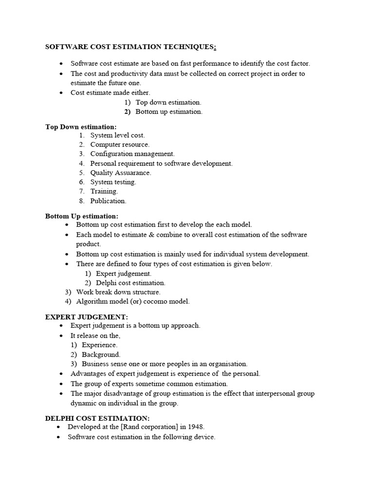 Software Cost Estimation Techniques And Staffing Pdf Systems Engineering Computing