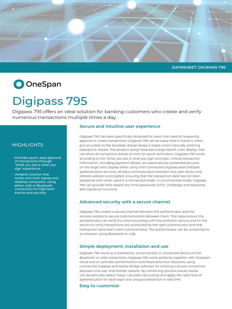 OneSpan Datasheet Digipass 795 | Download Free PDF | Computing | Security Technology