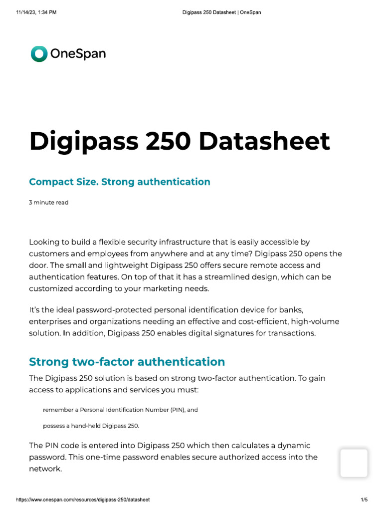OneSpan Datasheet Digipass 250 | PDF