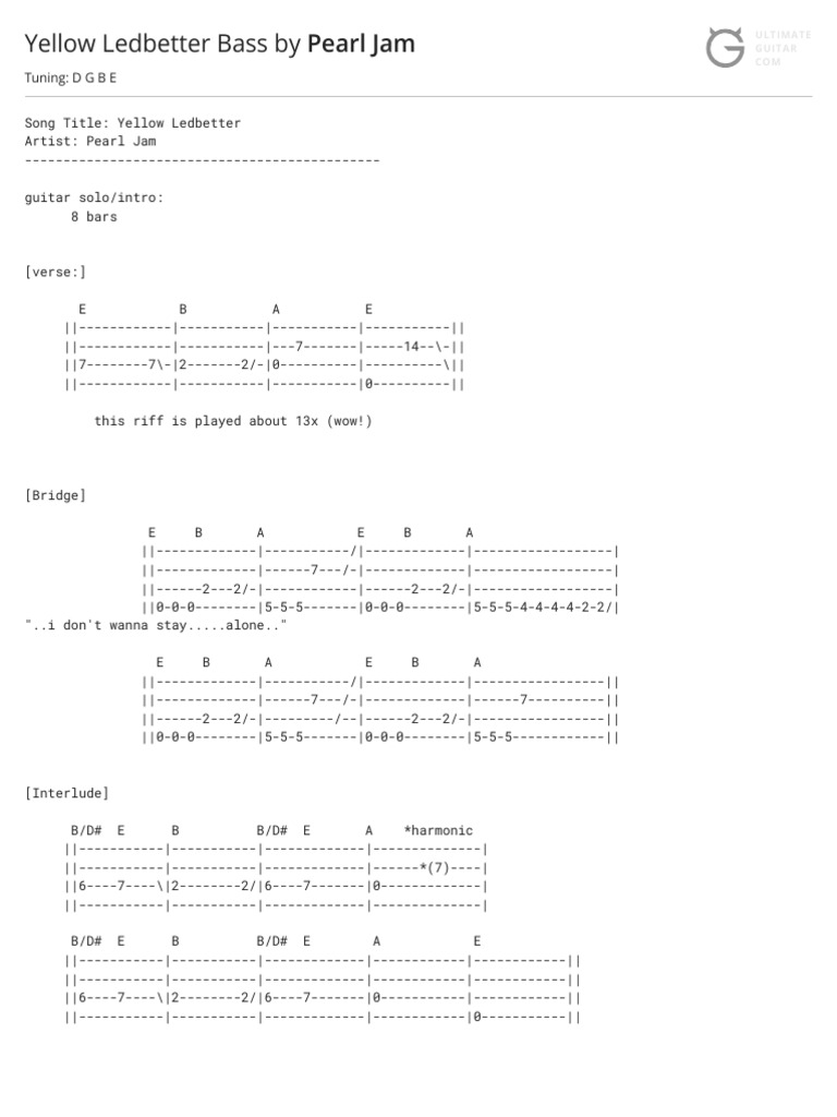 Yellow Ledbetter Bass by Pearl Jamtabs at Ultimate Guitar Archive | PDF