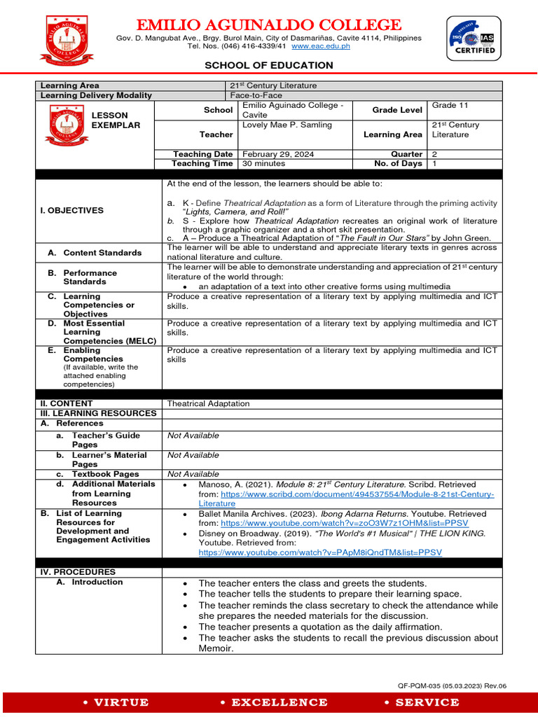 Theatrical Adaptation Lesson Plan | PDF | Learning | Educational Technology