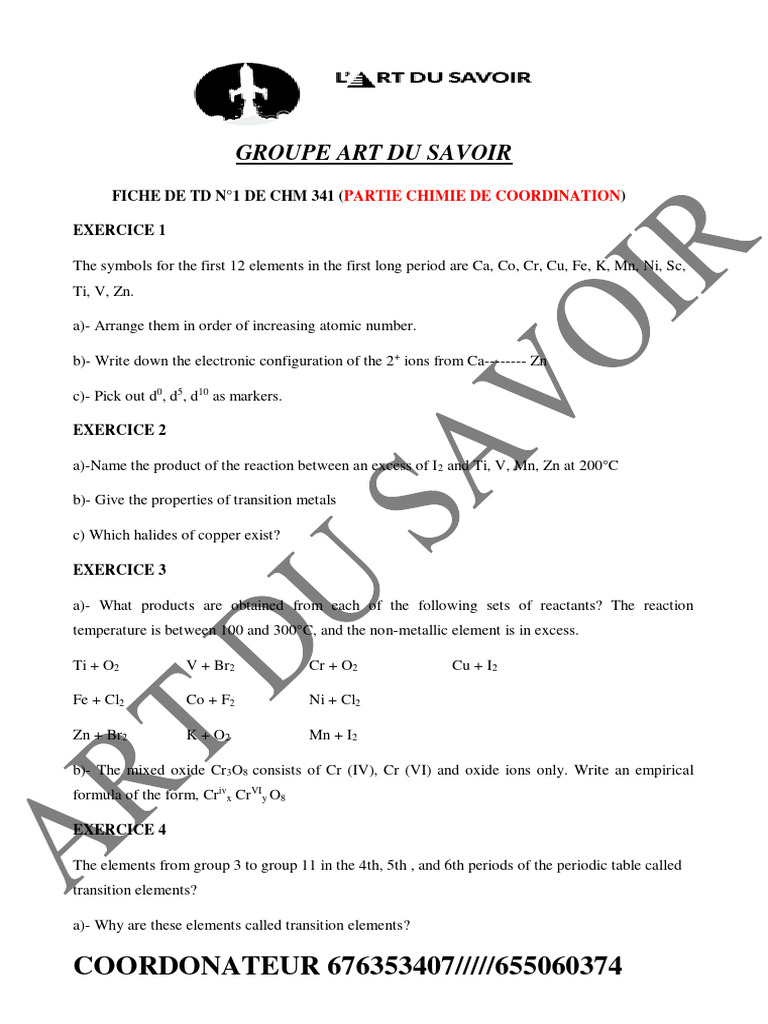 FICHE #1 (CHM341) Coordi | PDF | Transition Metals | Coordination Complex