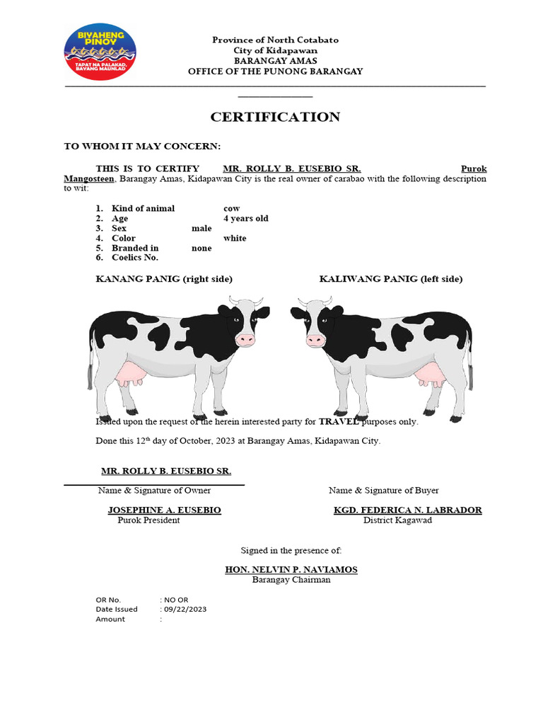 Cow Travel Certificate Issuance | PDF