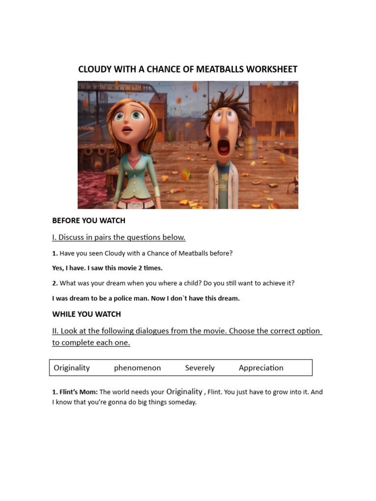 Cloudy With A Chance of Meatballs Worksheet | PDF