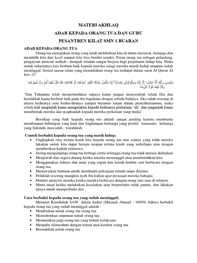 Materi Adab Kepada Ortu Dan Guru (Pesantren Kilat) | PDF