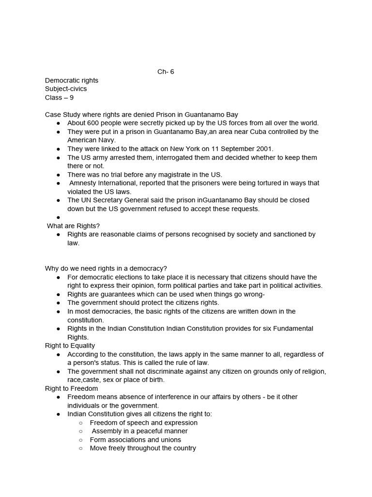 Ch-6 (Democratic Rights) Class 9 Notes Civics | PDF | Justice | Crime ...