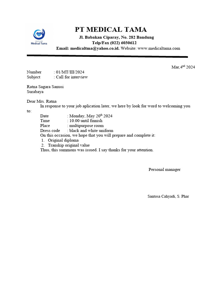 Interview Call Letter - PT Medical Tama | PDF