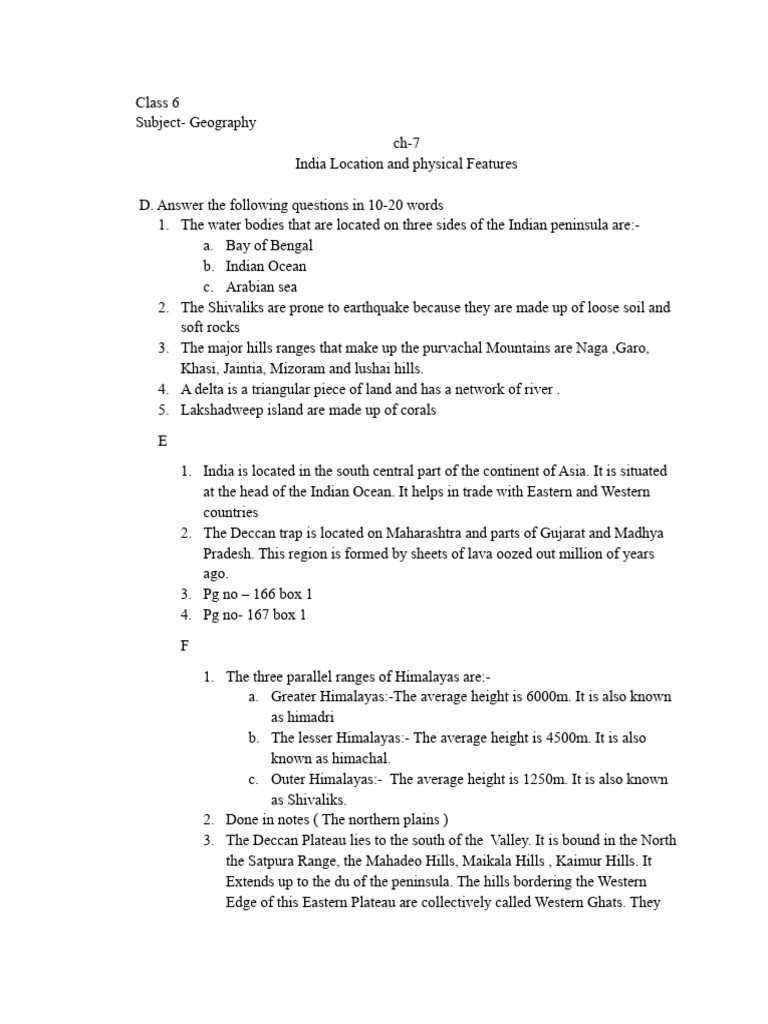 ch-7 (Indian Location and Physical Features) Ques Answers Class 6 | PDF ...