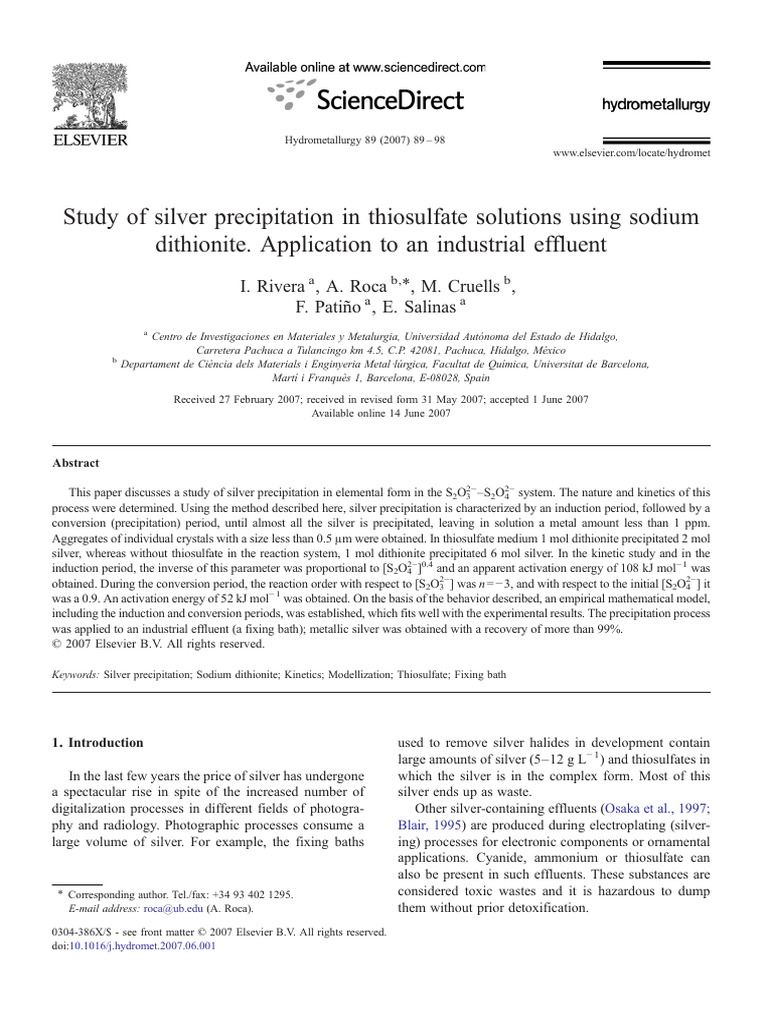 Study of Silver Precipitation in Thiosulfate Solutions Using Sodium ...
