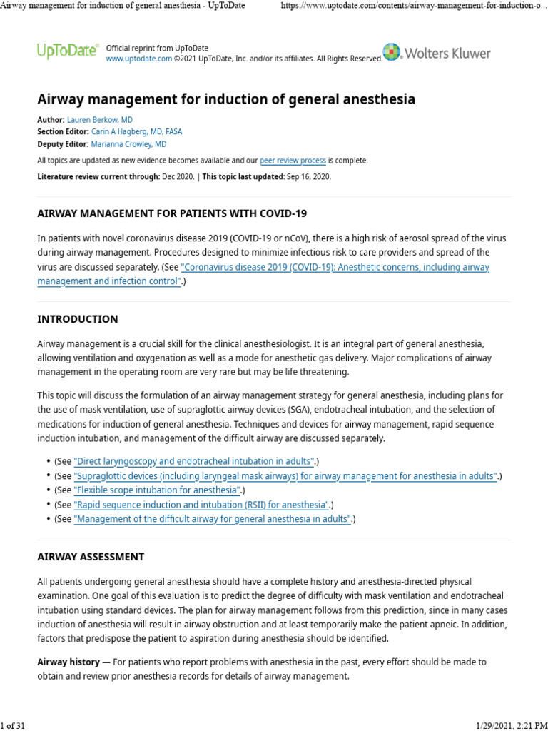 Airway Management For Induction of General Anesthesia - UpToDate - Be4225b0 | PDF | Anesthesia ...