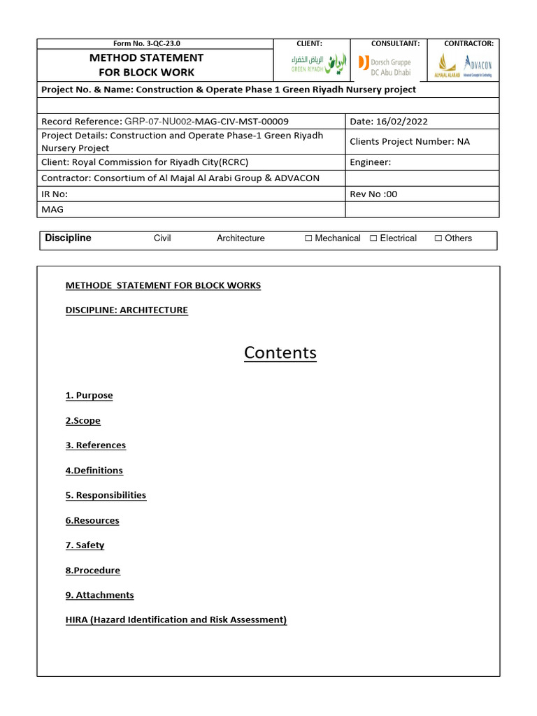 MSRA Method Statement for Block Work | PDF | Personal Protective ...