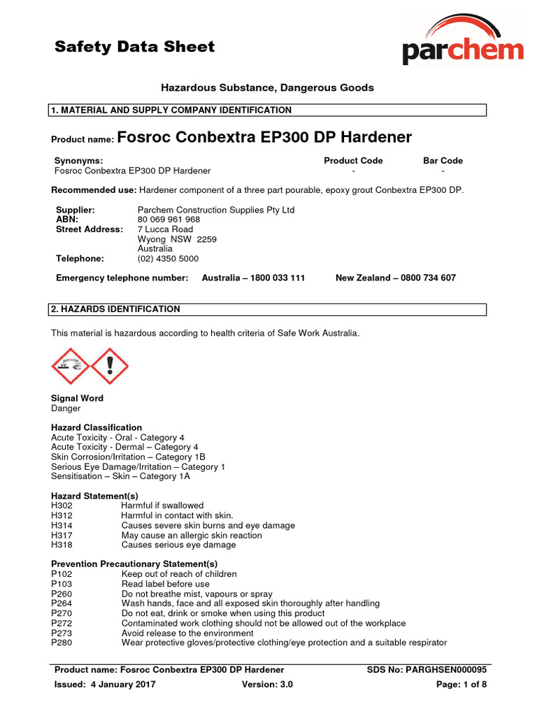 Fosroc Conbextra Ep300 DP Hardener-Aus GHS | Download Free PDF | Dangerous Goods | Toxicity