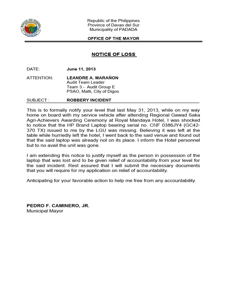 Notice of Loss-Coa by Mayor | PDF