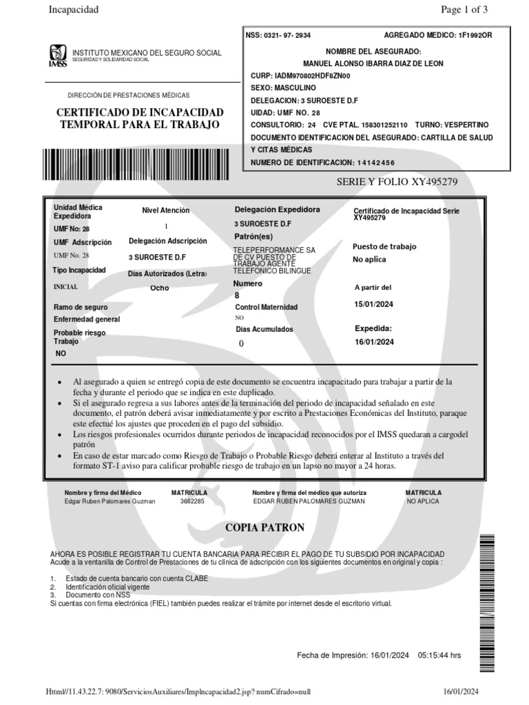 Certificado de Incapacidad IMSS | PDF