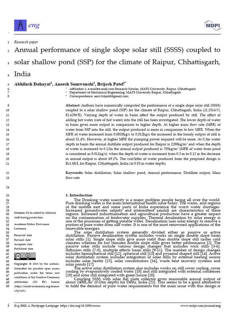 Annual Performance of Single Slope Solar Still (SSSS) Coupled To Solar Shallow Pond (SSP) For ...