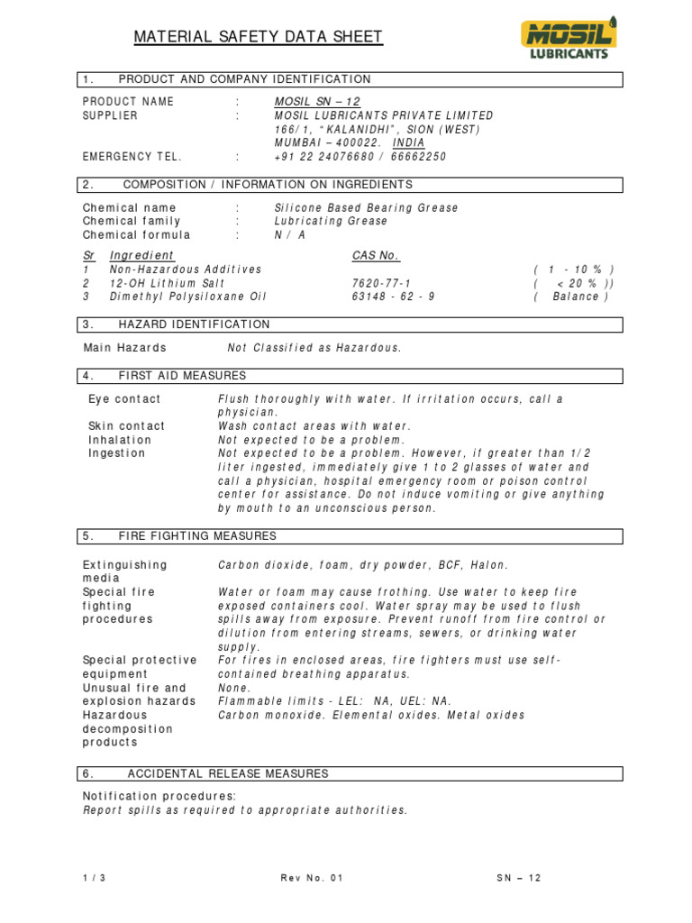 MOSIL SN-12 Silicone Grease MSDS | PDF | Science & Mathematics