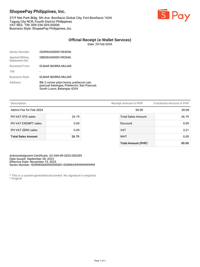 ShopeePay Official Receipt (Feb 2024) | PDF