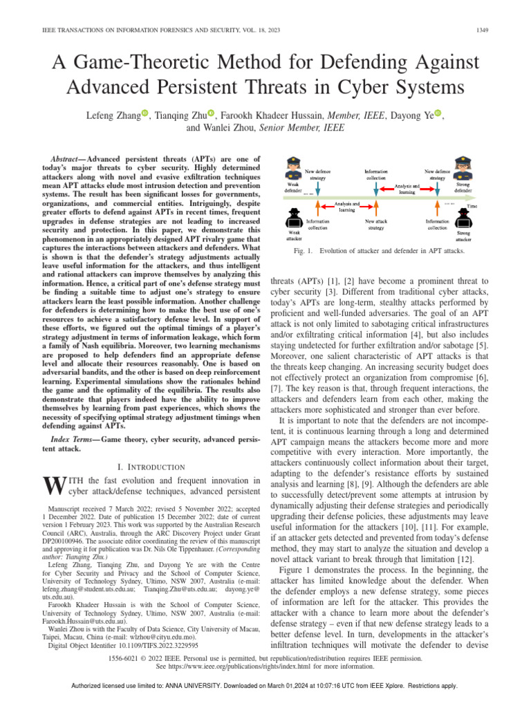 A Game Theoretic Method For Defending Against Advanced Persistent Threats In Cyber Systems Pdf