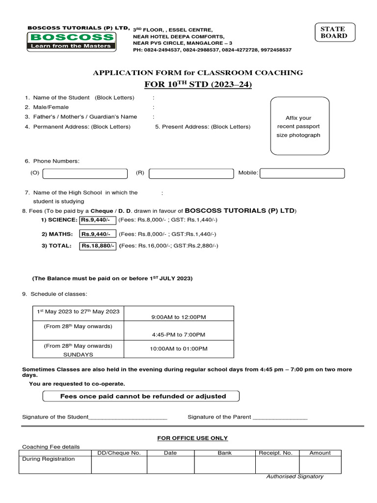 10th Std Coaching Application 2023-24 | PDF