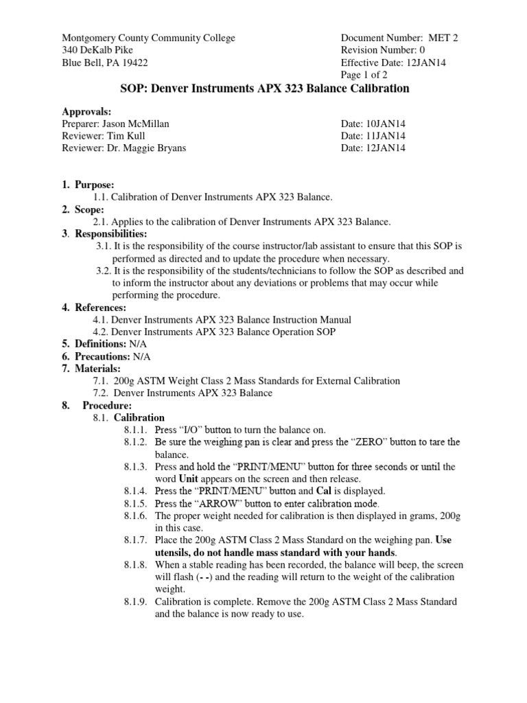 SOP For Calibration of Denver Instruments APX 323 Balance | PDF ...