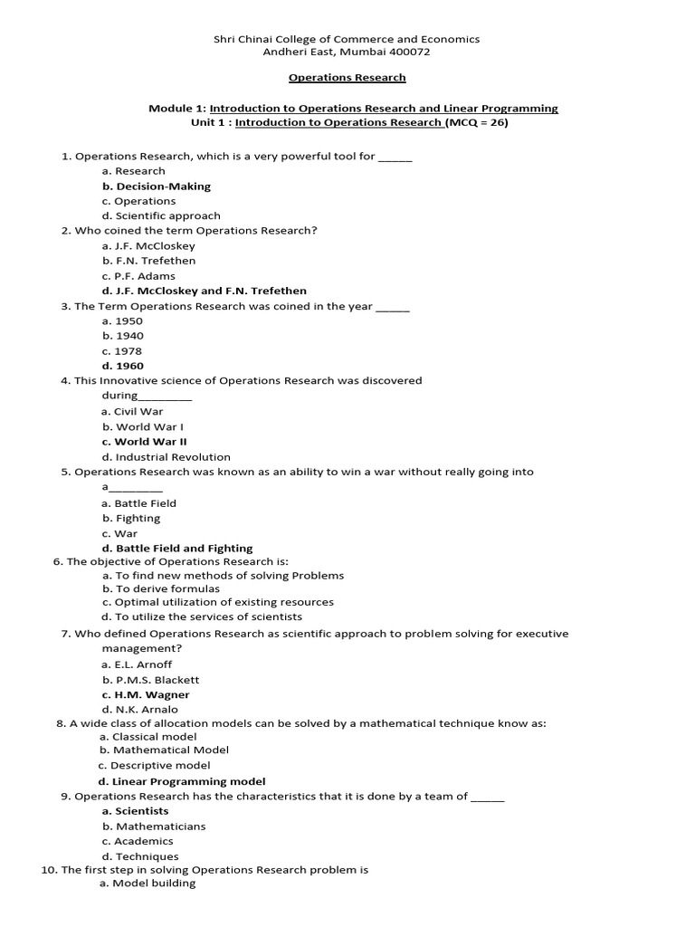 Operation Research MCQ (Answers) | Download Free PDF | Mathematical Optimization | Linear ...