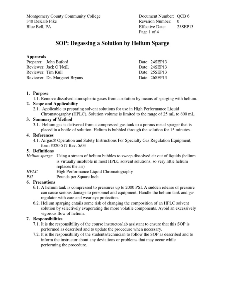SOP For Degassing A Solution by Helium Sparge | PDF | Gases ...