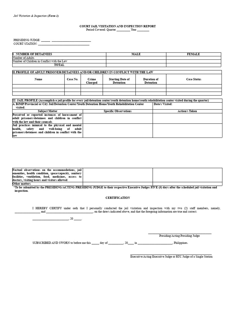 Forms 1 and 2 On Jail Visitation and Inspection Report Revised | PDF ...