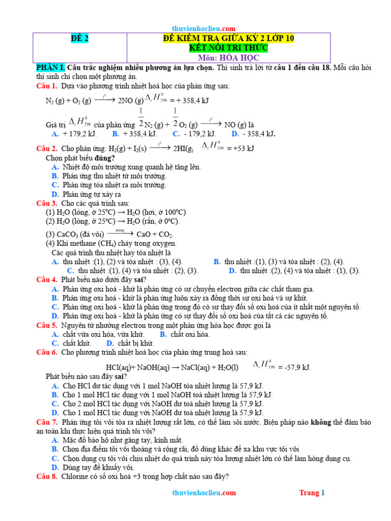 De Thi Giua HK2 Hoa 10 KNTT Cau Truc Moi de 2 Hay | PDF