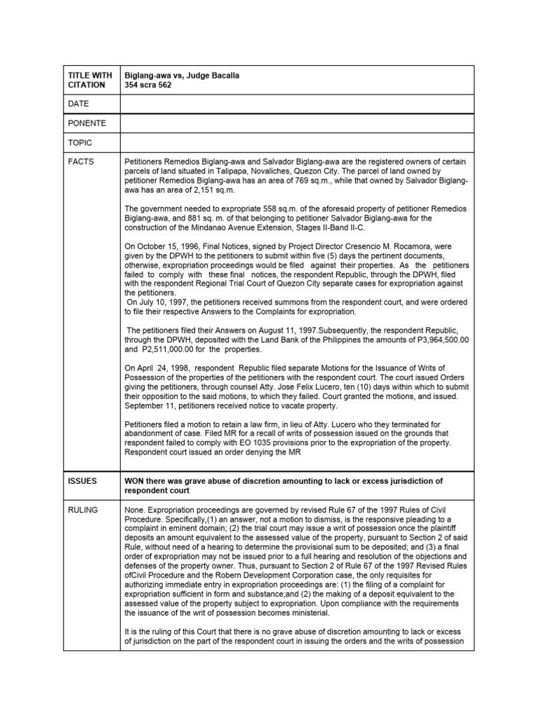 Expropriation Case: Biglang-awa v. Bacalla | PDF | Eminent Domain ...