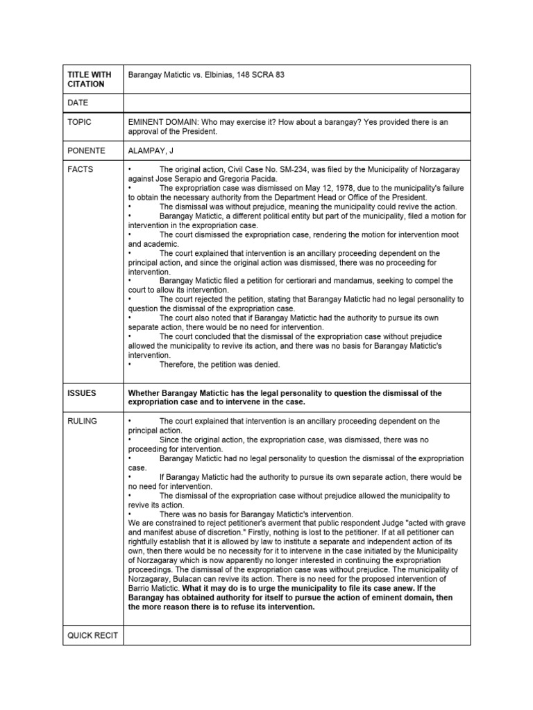 Matictic vs. Elbinias | PDF | Eminent Domain | Prejudice (Legal Term)