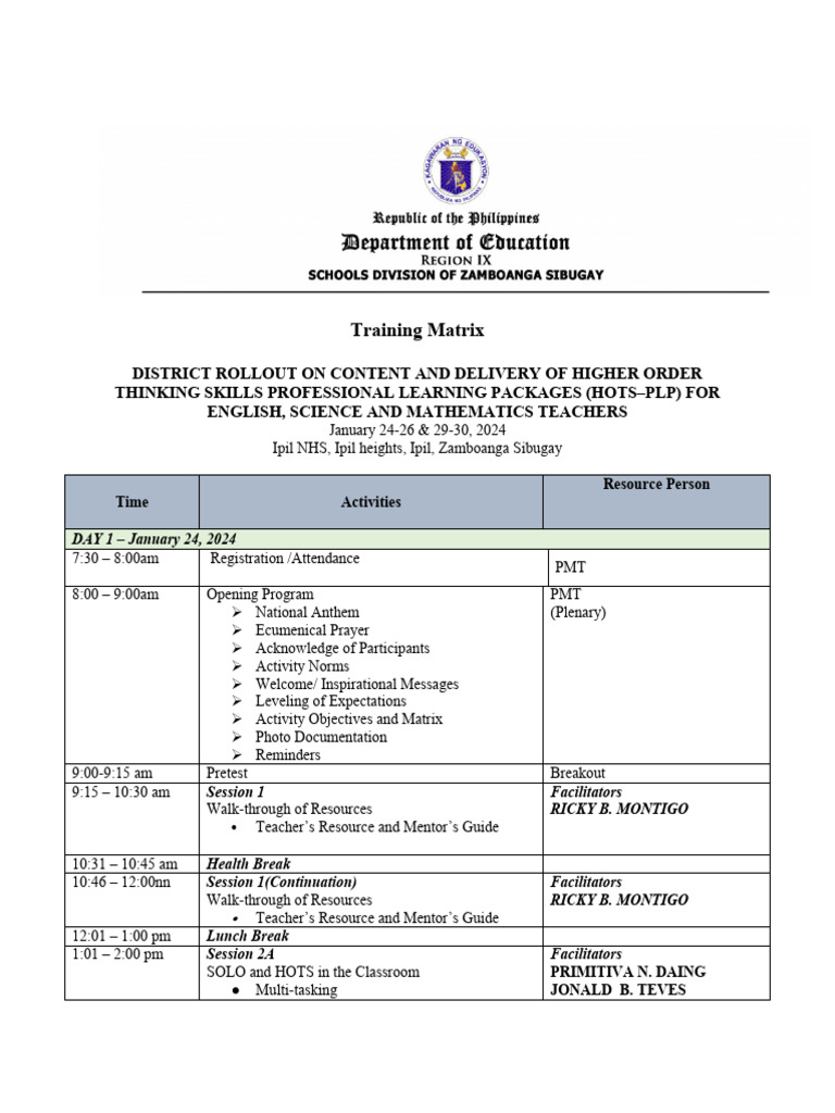 Training Matrix Hots Solo Ipil District 2024.docx Final | PDF | Teaching | Education Theory