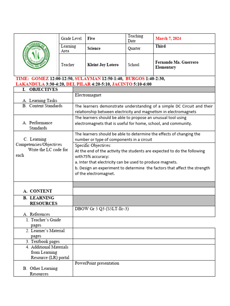 Grade 5 Science Lesson Plan | PDF | Magnet | Electricity